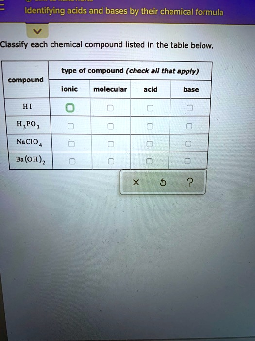 SOLVED: Identifying acids and bases by their chemical formula Classify ...