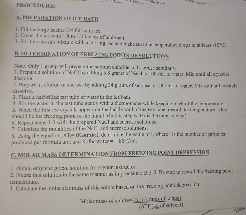 PROCEDURE: A. PREPARATION OF ICE BATH 1. Fill the large beaker 3 / 4 ...