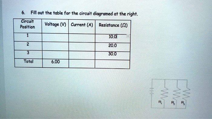 Fill out the table for the circuit diagramed at the right. Circuit ...
