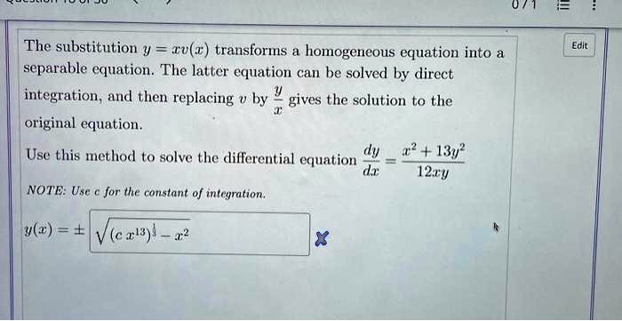 071 The substitution y=xv( transforms a homogeneous equation into a ...