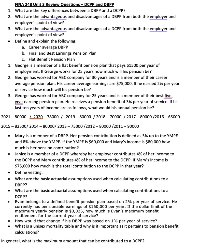 fina 248 unit 3 review questions dcpp and dbpp 1 what are the key ...