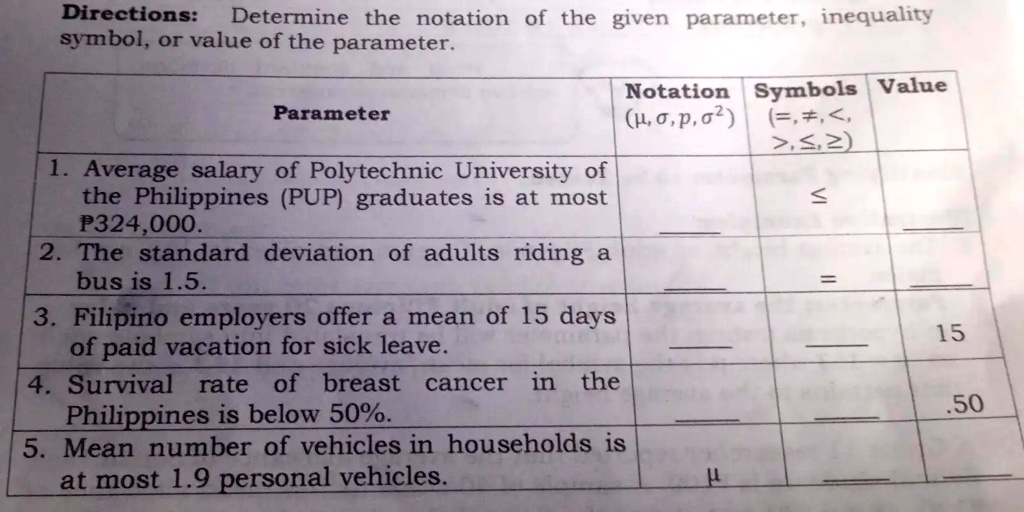 Text: Directions: Determine the notation of the given parameter, inequality symbol, or value of ...