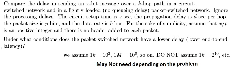 Compare the delay in sending an x-bit message over a k-hop path in a circuit-switched network ...