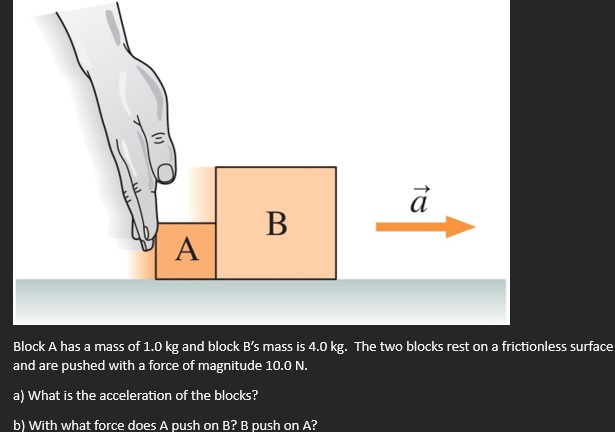 block a has a mass of 10 kg and block bs mass is 40 kg the two blocks rest on a frictionless ...