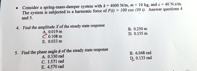 Consider a spring-mass-damper system with k = 4000 N/m, m = 10 kg, and ...
