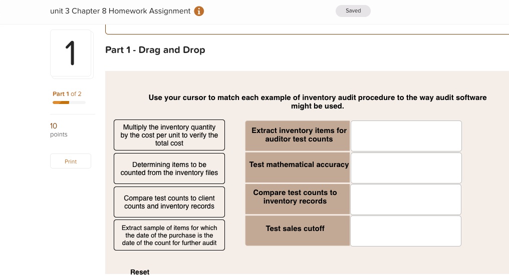 unit 3 Chapter 8 Homework Assignment 1 Part 1 - Drag and Drop Saved Part 1 of 2 10 points Print ...