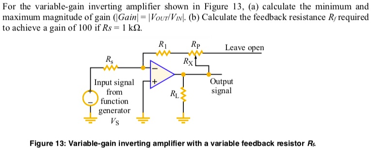 For the variable-gain inverting amplifier shown in Figure 13, (a) calculate the minimum and ...