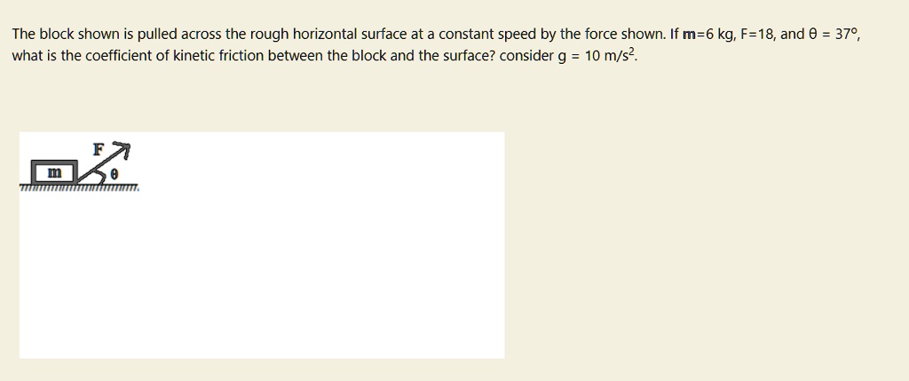 SOLVED: The block shown is pulled across the rough horizontal surface at a constant speed by the ...