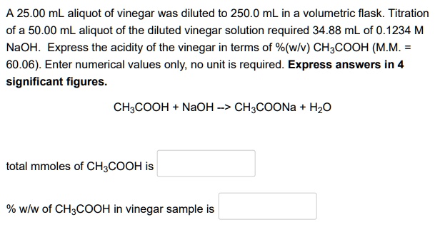 SOLVED: A 25.00 mL aliquot of vinegar was diluted to 250.0 mL in a volumetric flask. Titration ...