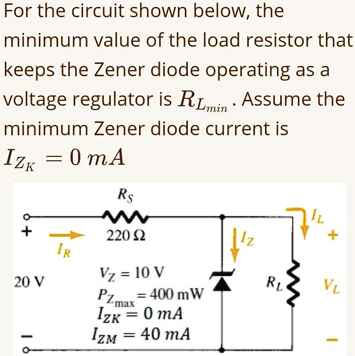 for the circuit shown belowthe minimum value of the load resistor that keeps the zener diode ...