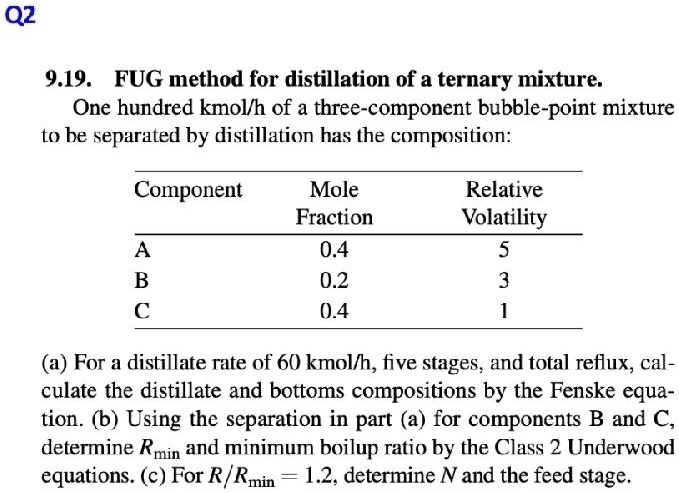 SOLVED: 9.19. FUG method for distillation of a ternary mixture One hundred kmol/h of a three ...
