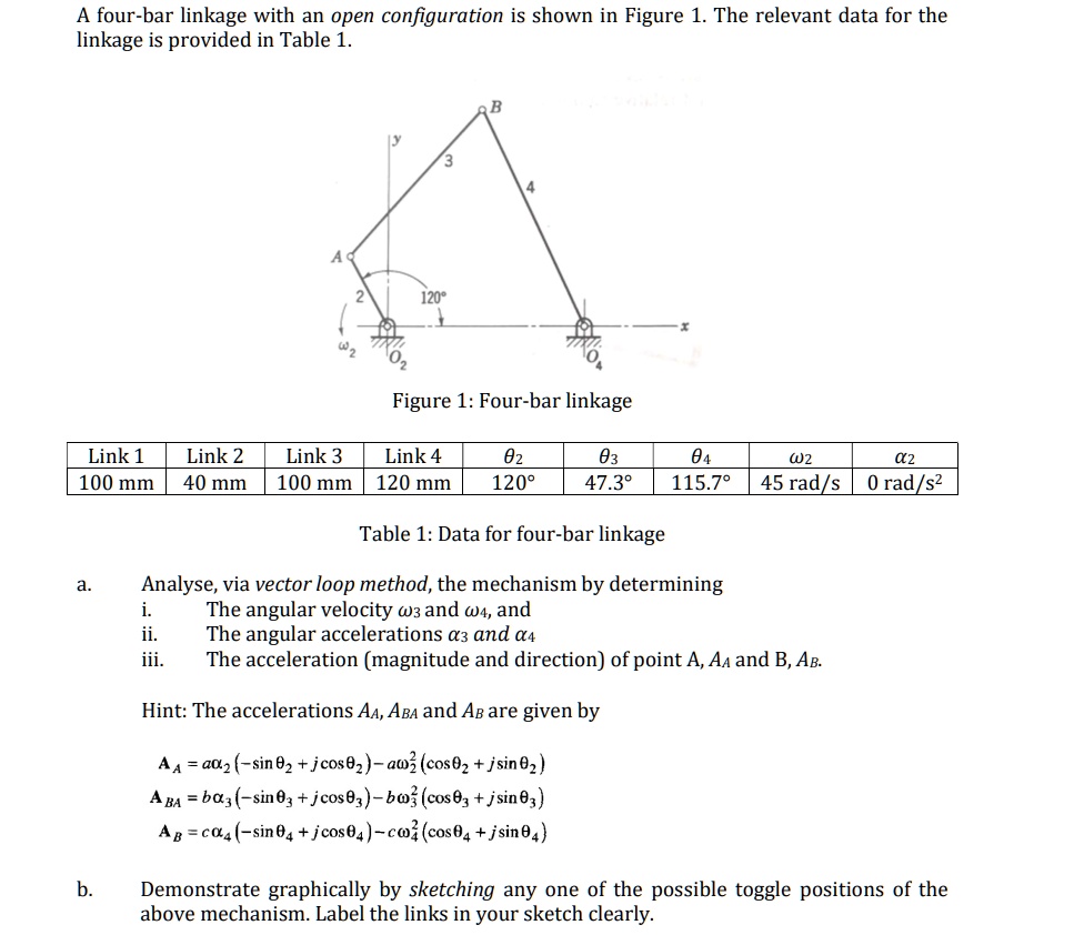 SOLVED: A four-bar linkage with an open configuration is shown in Figure 1. The relevant data ...
