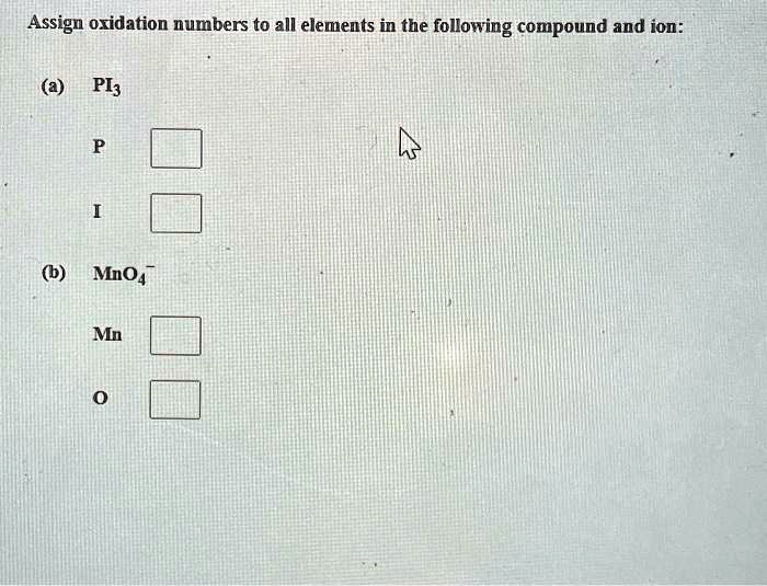 SOLVED: Assign oxidation numbers to all elements in the following ...