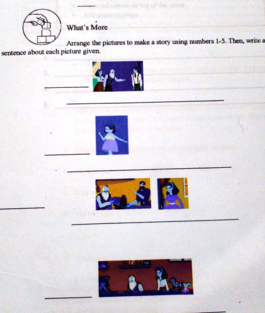 SOLVED: 'Arrange the pictures to make a story using numbers 1-5. Then ...
