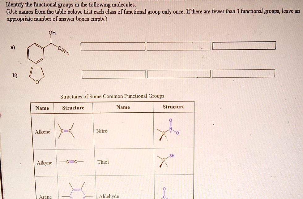 SOLVED: Identify the functional groups in the following molecules (Use ...