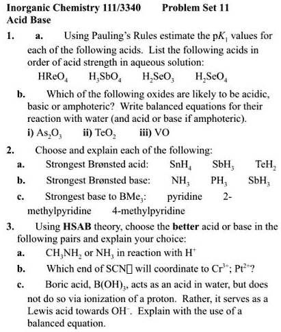 SOLVED: Inorganic Chemistry Inorganic Chemistry 111/3340 Problem Set 11 ...