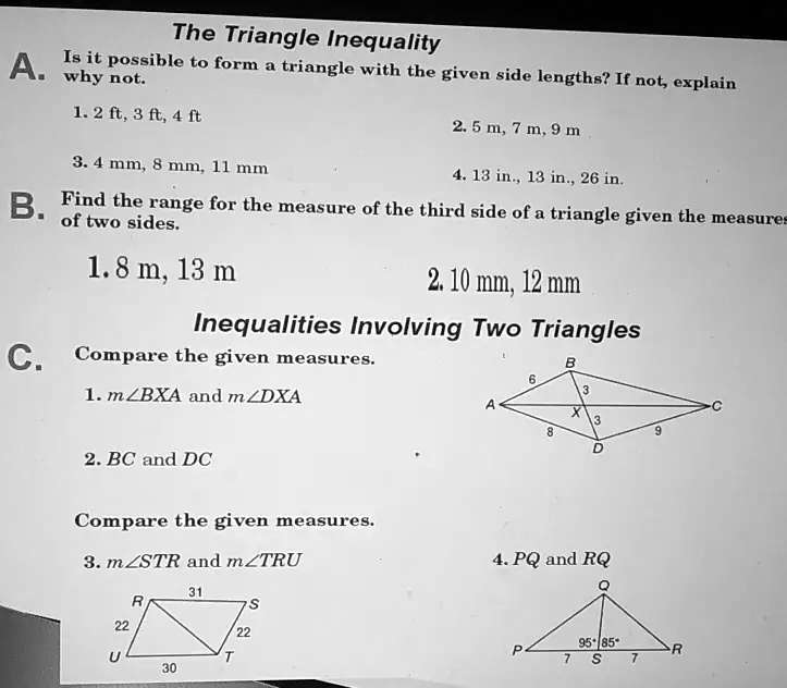 SOLVED: The Triangle Inequality A. Is it possible to form a triangle with the given side lengths ...