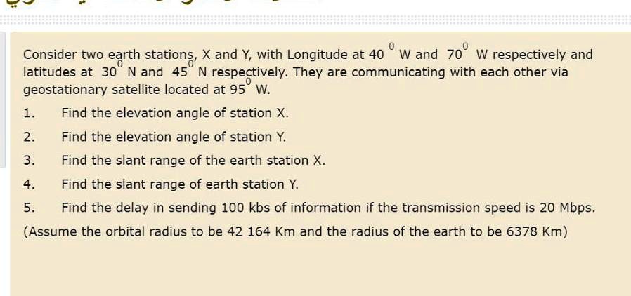 SOLVED: Consider two earth stations, X and Y, with longitudes at 40W and 70W respectively, and ...