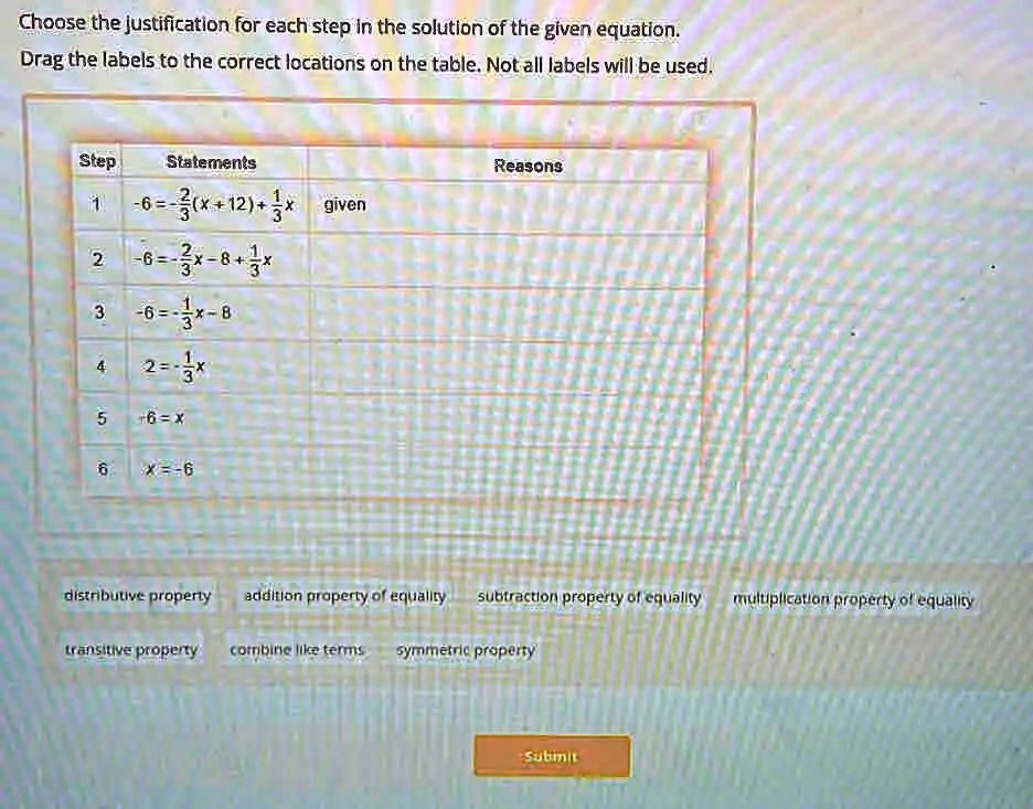 Choose the justification for each step in the solution of the given equation. Drag the labels to ...