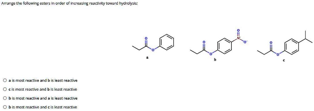 SOLVED:Arrange the following esters in order of increasing eactivity toward hydrolysis; most ...