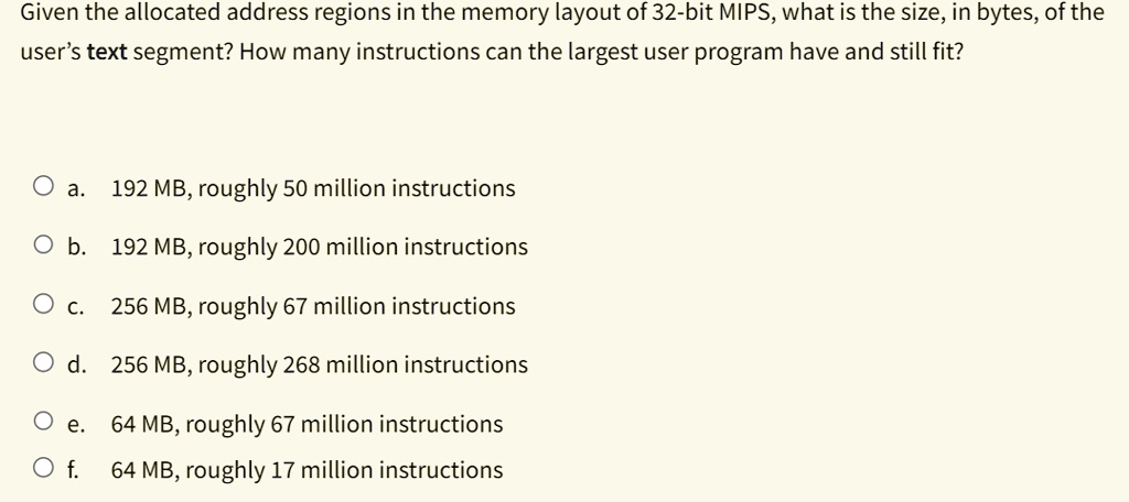 Given the allocated address regions in the memory layout of 32-bit MIPS, what is the size, in ...