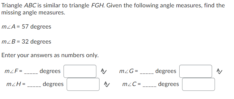 SOLVED: Triangle A B C is similar to triangle F G H. Given the following angle measures, find ...