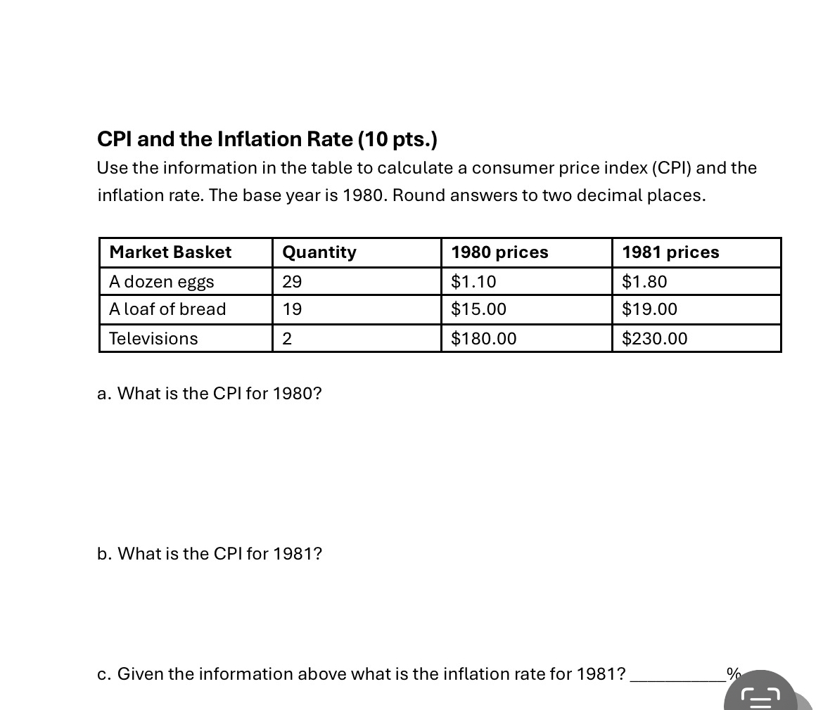 SOLVED: CPI and the Inflation Rate (10 pts.) Use the information in the ...