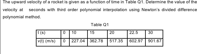the upward velocity of rocket is given as function of time in table q1 determine the value of ...