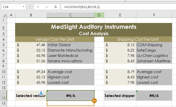 C14 X fx =VLOOKUP(B12,B5:C8,2) A B C D E F 1 2 3 4 Vendor Cost Per Unit ...