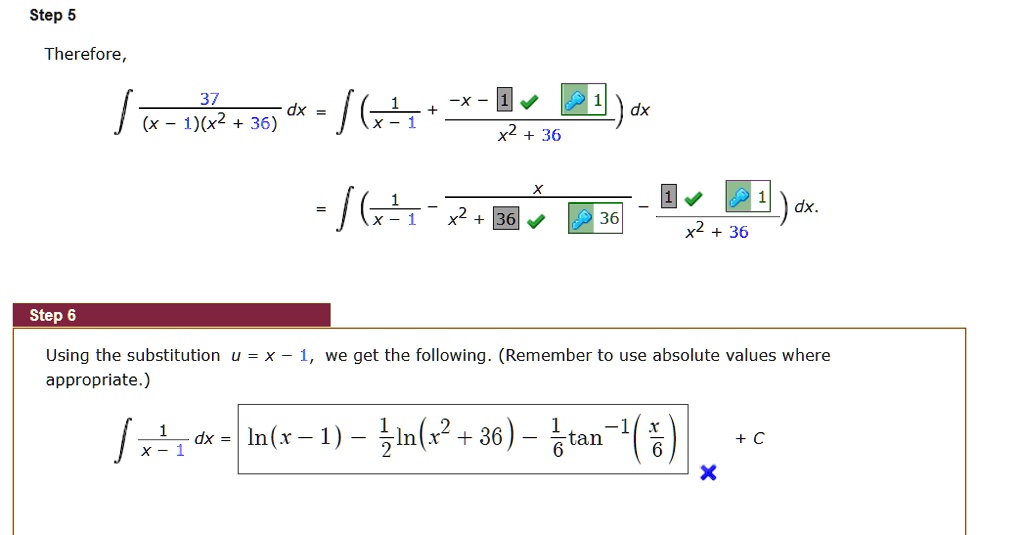 SOLVED: Step 5 Therefore, 37 dx = f(+ X-dv 1)(x2 + 36) X2 + 36 dx -fc x2 + BB] 36 dx 36 Step 6 ...