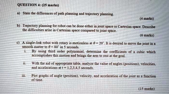 SOLVED: QUESTION 4: (25 marks) State the differences of path planning and trajectory planning ...