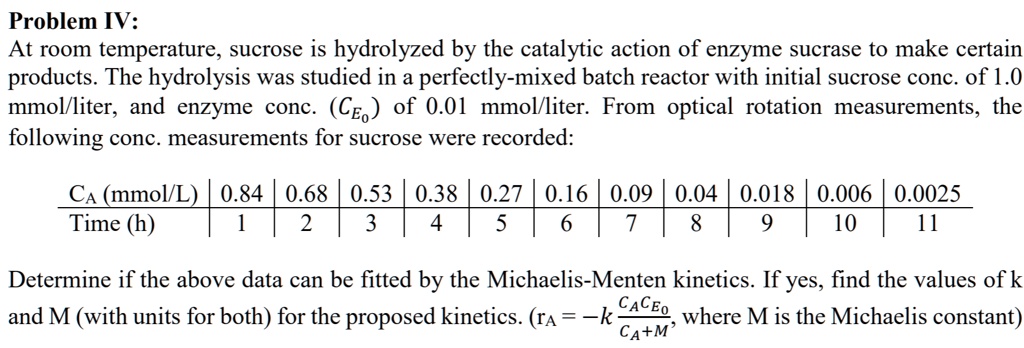 Problem IV: At room temperature, sucrose is hydrolyzed by the catalytic ...