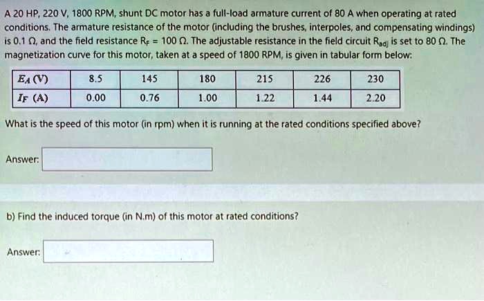 a 20 hp220v1800 rpmshunt dc motor has a full load armature current of ...