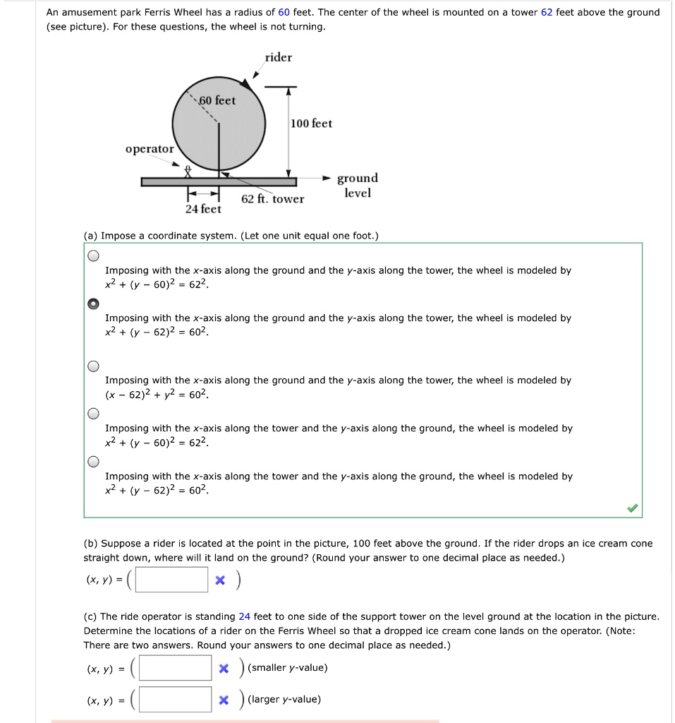 an amusement park ferris wheel has radius of 60 feet the center of the ...