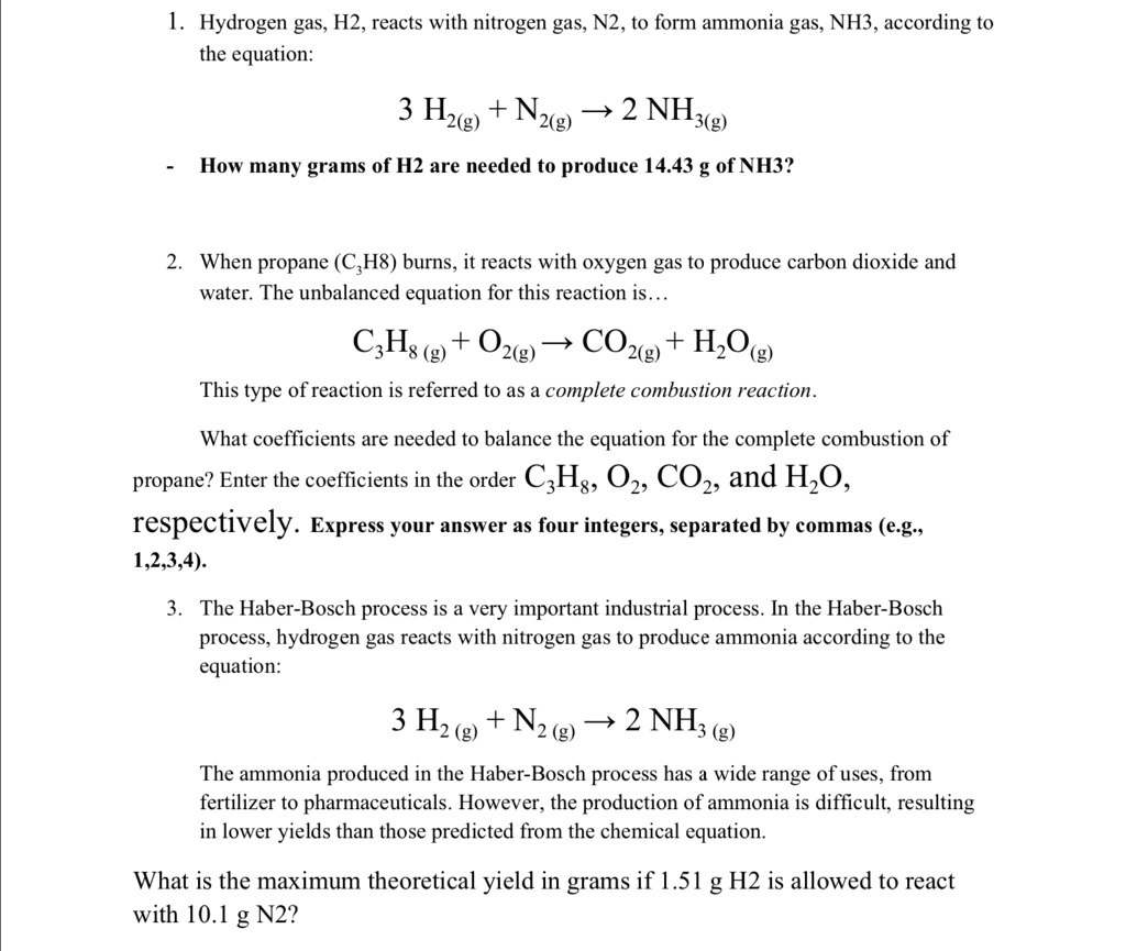 hydrogen gas h2 reacts with nitrogen gas n2 to form ammonia gas nh3 according to the equation 3 ...