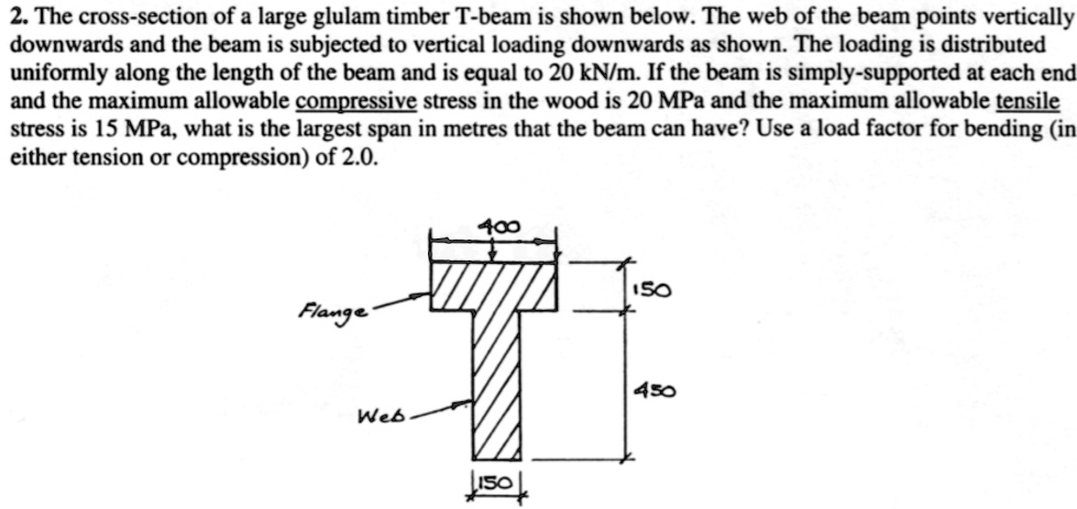 2. The cross-section of a large glulam timber T-beam is shown below ...