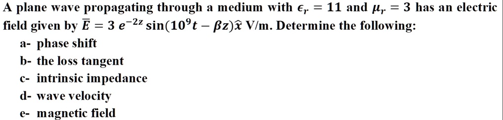 SOLVED: A plane wave propagating through a medium with Îµ = 11 and Î¼ = 3 has an electric field ...