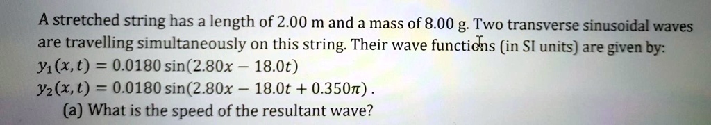 SOLVED: A stretched string has a length of 2.00 m and a mass of 8.00 g.Two transverse sinusoidal ...