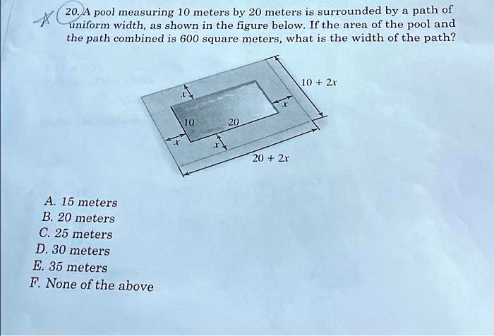 20. A pool measuring 10 meters by 20 meters is surrounded by a path of ...