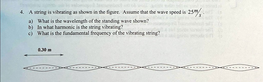 4. A string is vibrating as shown in the figure. Assume that the wave speed is 25m/s. a) What is ...