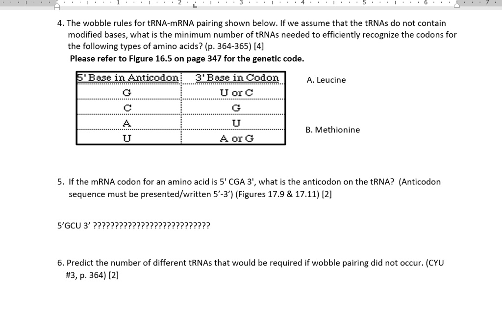 4 the wobble rules for trna mrna pairing shown below if we assume that ...