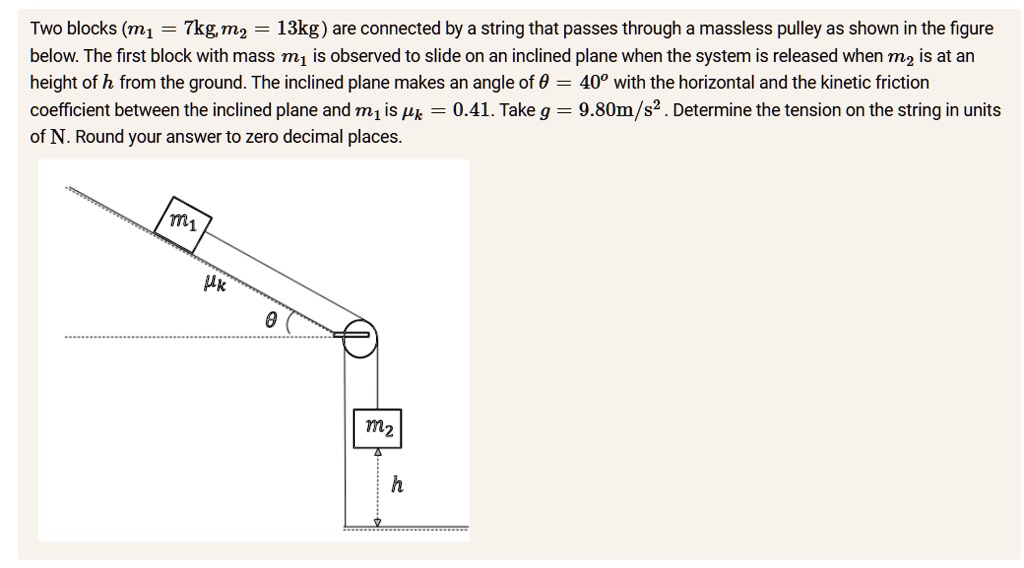 two blocks m17kgm17kg m213kgm213kg are connected by a string that passes through a massless ...