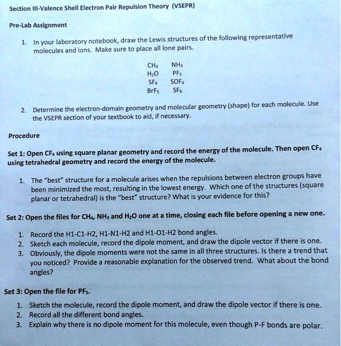 SOLVED: Section III-Valence Shell Electron Pair Repulsion Theory (VSEPR ...