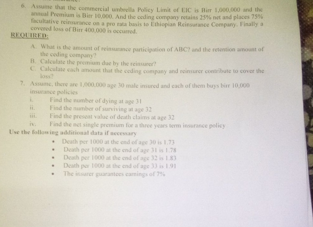 6. Assume that the commercial umbrella Policy Limit of EIC is Birr ...