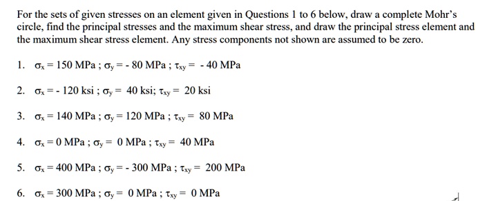 For the sets of given stresses on an element given in Questions 1 to 6 below, draw a complete ...