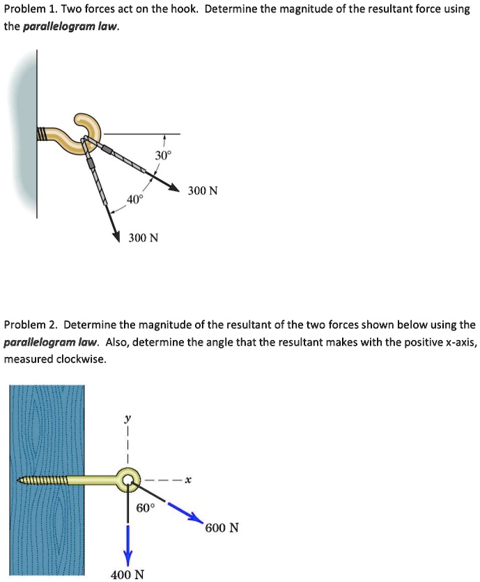 Problem 1 Two Forces Act On The Hook Determine The Magnitude Of The Resultant Force Using The
