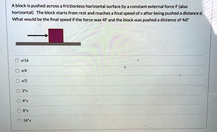 SOLVED: Ablock is pushed across frictionless horizontal surface by a constant external force F ...