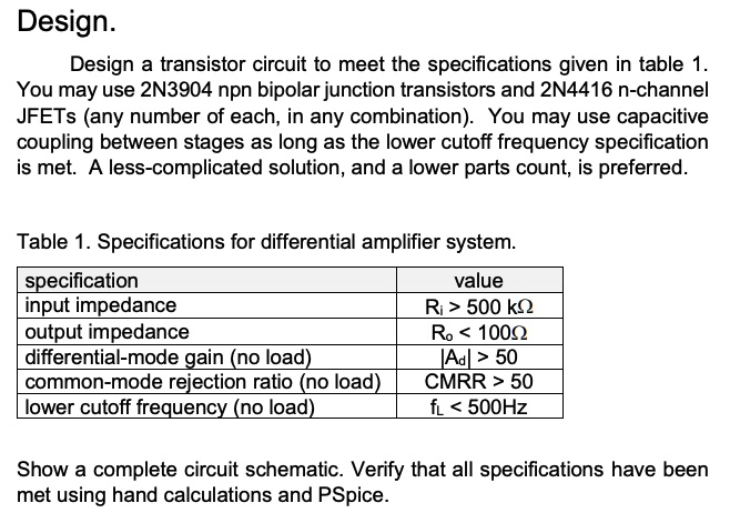 SOLVED: How do we get the lower cutoff frequency of a differential amplifier? Design. Design a ...