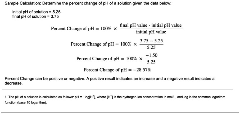 Sample Calculation: Determine the percent change of pH of a solution given the data below ...
