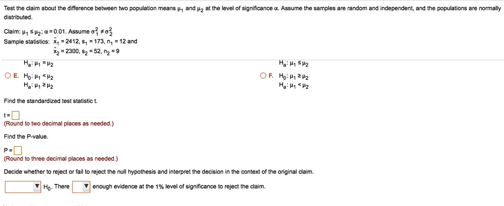 Solved Test The Claim About The Difference Between Two Population 9420